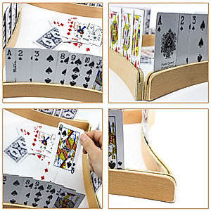 VINJOE Panorama Natural Wooden Curved Playing Card Holders Organizer Tray-Premium Solid Beechwood Playing Card Holders-Card Holder for Kids and Elder-Set of 4