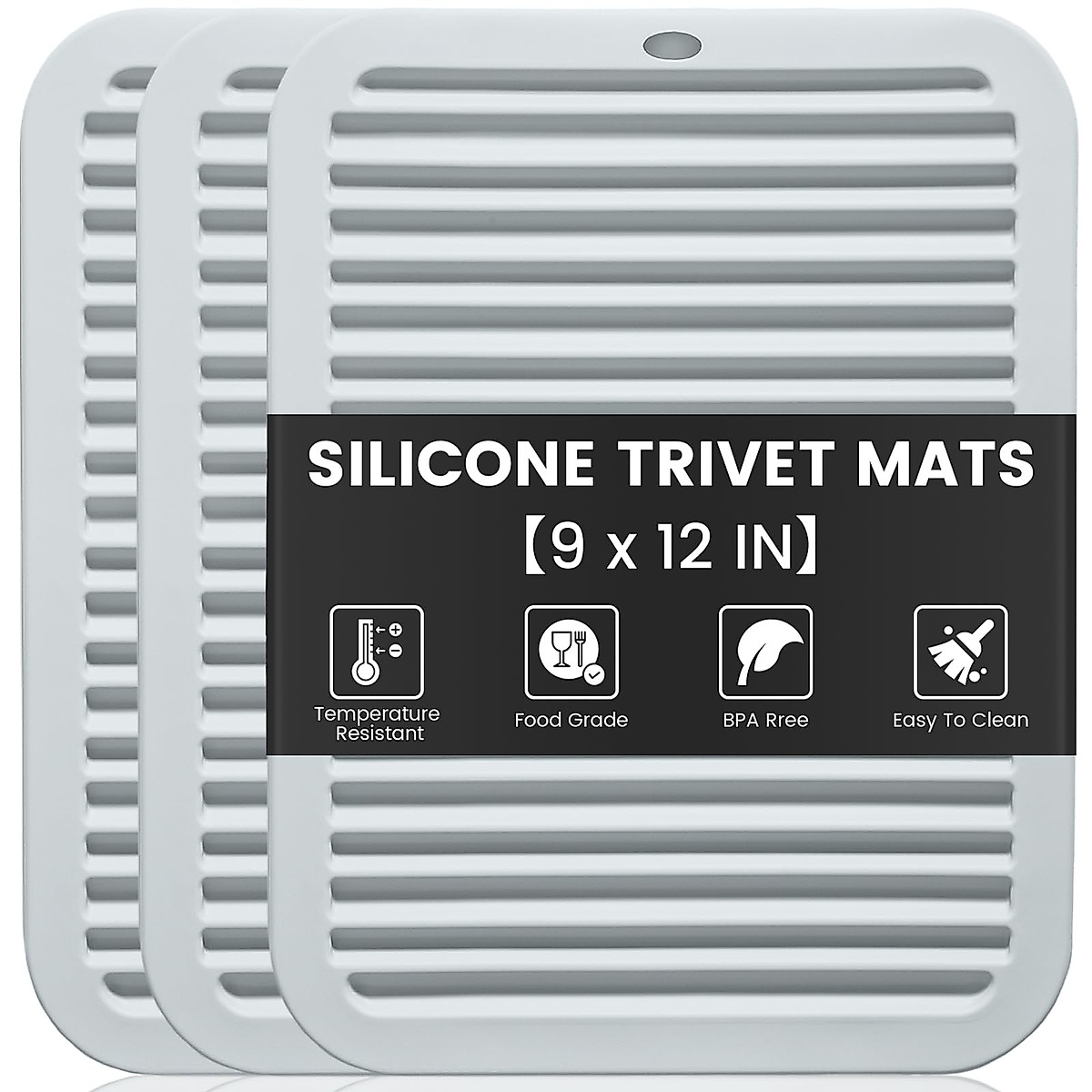 TOPULORS 3 PCS Silicone Trivets for Hot Pots and Pans 9"x12" Heat Resistant Mat Hot Pads for Kitchen Quartz Countertops - Dish Drying Mat Non-Slip Potholders Pot Holders Trivets for Hot Dishes - Gray