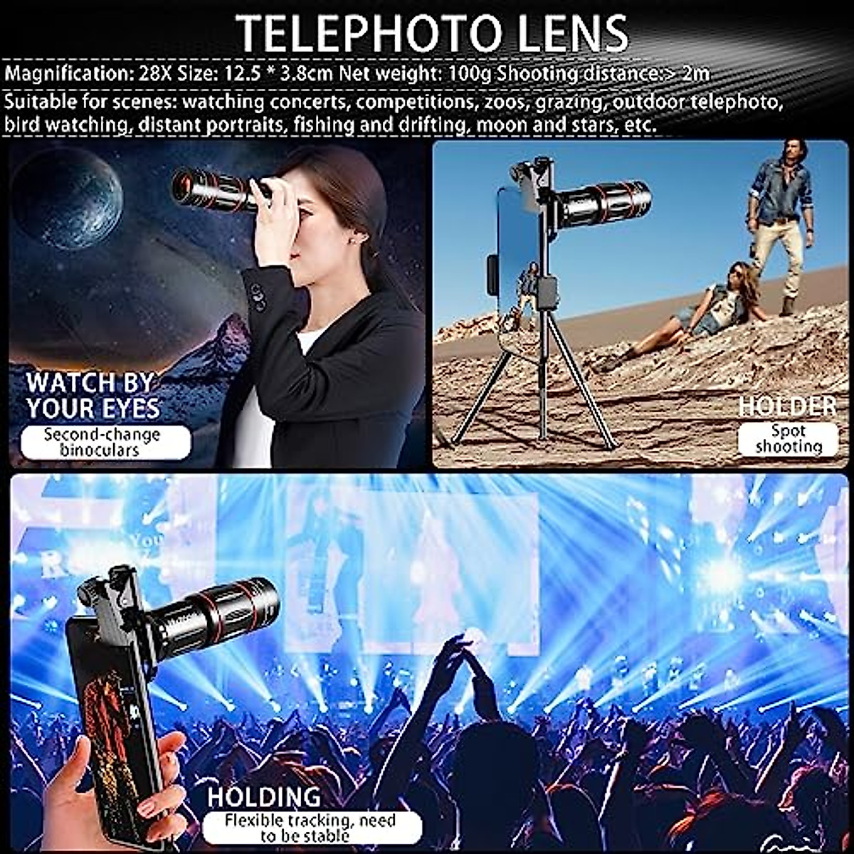 High Power 28x HD Phone Telephoto Lens Cell Phone Camera Lens Kit 198 Degree Ultra Wide Angle Fisheye Lens