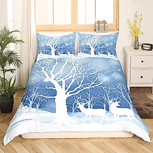 Erosebridal Winter Themed Bedding Set Christmas Decor Duvet Cover 3 Piece Christmas Elk Print Comforter Cover Happy New Year Gifts Xmas Bedspread Cover Merry Christmas Theme Bedding Queen Size