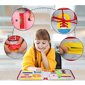 Busy Board for Toddlers 1-6, Travel Toys for Toddlers 1 2 3 4, Montessori Basic Skills Dress Zipper Latch Buckle Learning Book, Great Airplane Carseat Stroller Birthday Gift for Babies Boys and Girls