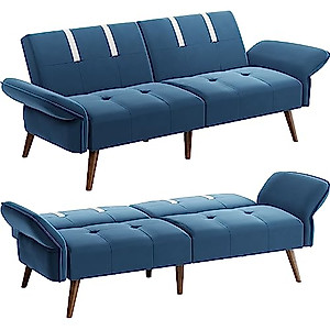 Shintenchi 79" Futon Sofa Bed, Small Modern Loveseat Sofa Velvet 2-Seat Sofa Couch Foldable Couch Convertible Loveseat w/Adjustable Armrests Backrest for Living Room Small Space Deep Blue