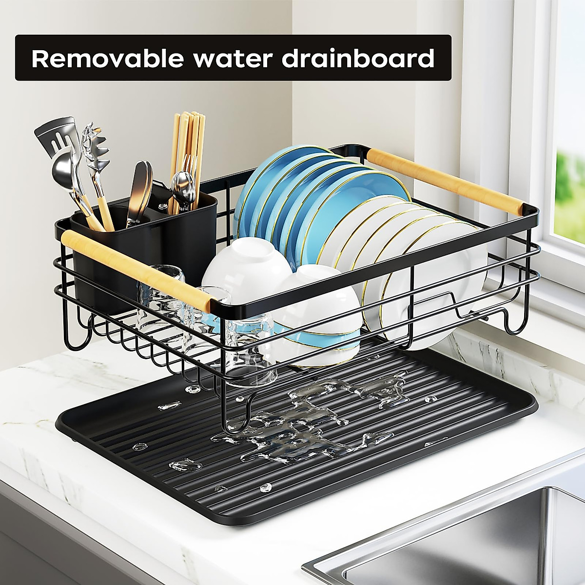 jouzevic Dish Racks for Kitchen Counter: Wooden Handles, Thickened Metal, No Assembly. Small Dish Drying Rack: Ideal for Small Households. Drying Rack Kitchen: Black