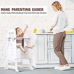 Rendpas Toddler Step Stool With Meal Tray, Wooden Kids Learning Tower For Kitchen Helper and Convertible High Chair, Adjustable Bathroom Step Stool With Safety Rail (White)