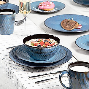 vancasso PLUVO Embossed Dinner Set, Stoneware Vintage Look Blue Dinnerware Tableware, 16 Pieces Dinner Service Set for 4, Include Dinner Plate, Dessert Plate, Cereal Bowl and Mug