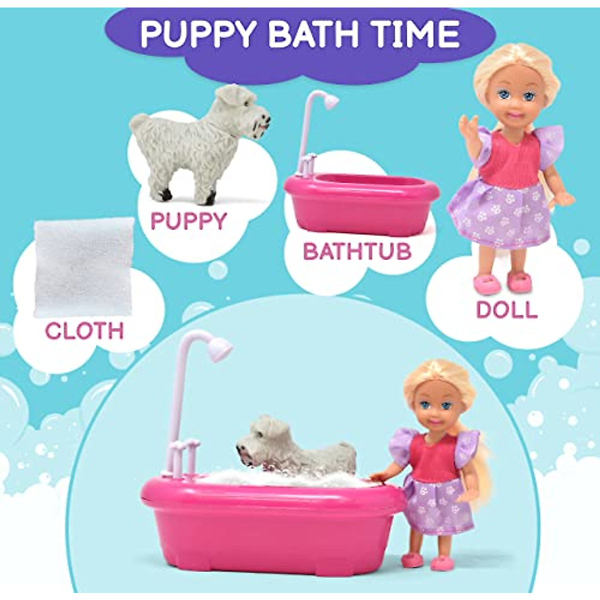 Gift Boutique 4.5 Inch Mini Small Doll with Bathtub Toy Set, Miniature Fashion Doll with Blond Hair and Little Puppy for Toddlers Kids Girls Age 3 4 5 6 7 8 Year Old