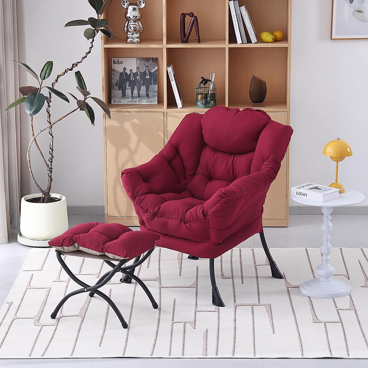 Welnow Lazy Chair with Ottoman, Modern Lounge Accent Chair with Armrests and a Side Pocket, Leisure Upholstered Sofa Chair Set, Reading Chair with Footrest for Small Space, Burgundy