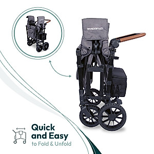 WONDERFOLD W4 Luxe Stroller Wagon (4 Seater) - Collapsible Wagon Stroller with Seats with Magnetic Buckle 5-Point Harnesses, Charcoal Gray-Black Frame