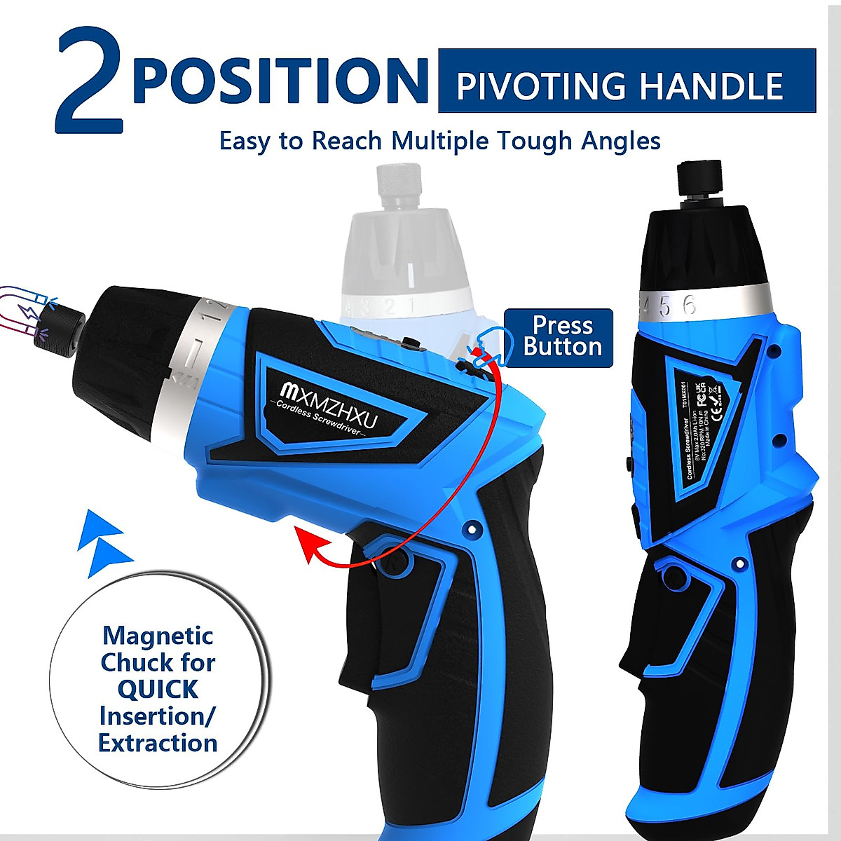 MXMZHXU Cordless Screwdriver, 8V Max 10Nm Electric Power Screwdriver with 47 Accessories, 6+1 Torque, Pivoting Handle, 2000mah Rechargeable Screw Gun & Bit Set with LED Light, Flexible Shaft