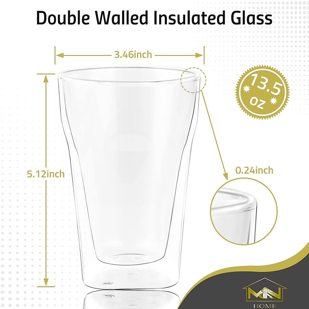 M&N HOME Double Wall Insulated Glass Tumbler Drink Glass, 13.5 Oz Highball Glass Cups for Beer, Lemonade, Iced Tea, Tropical Drink. Cocktail, Smoothie, Mojito - Set of Four