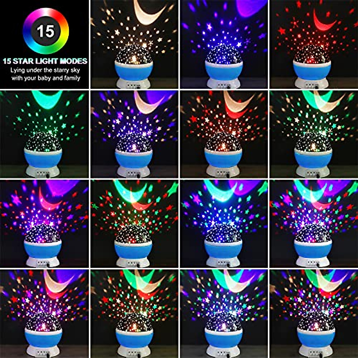 Votozi Night Light for Kids, Kids Night Light, Star Night Light, Moon and Star Projector 360 Degree Rotation - 4 LED Bulbs 9 Light Color Changing with USB Cable, Unique Gift for Men Women Children