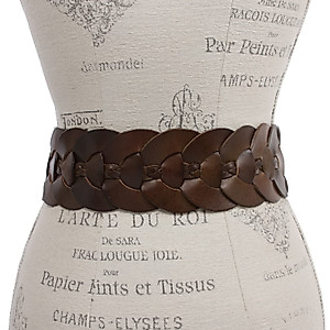 Ladies 3" (75 mm) Wide High Waist Round Disk Linked Braided Cowhide Top Full Grain Leather Belt, Brown | 34"