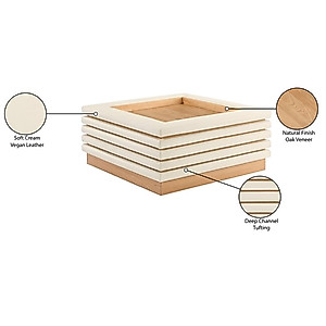 Meridian Furniture 210Cream-CT Rory Collection Modern | Contemporary Upholstered Coffee Table, Soft Cream Vegan Leather, Natural Finish Oak Veneer, Deep Channel Tufting, 39" W x 39" D x 16" H, Cream