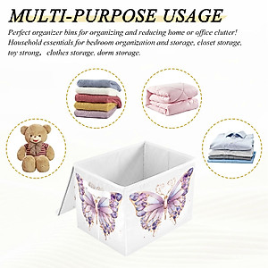 DALAWU Containers Baskets with Lids Purple Butterfly Fabric Foldable Storage Bins Organizer with Lid Collapsible Storage Boxes for Home Bedroom Closet Office