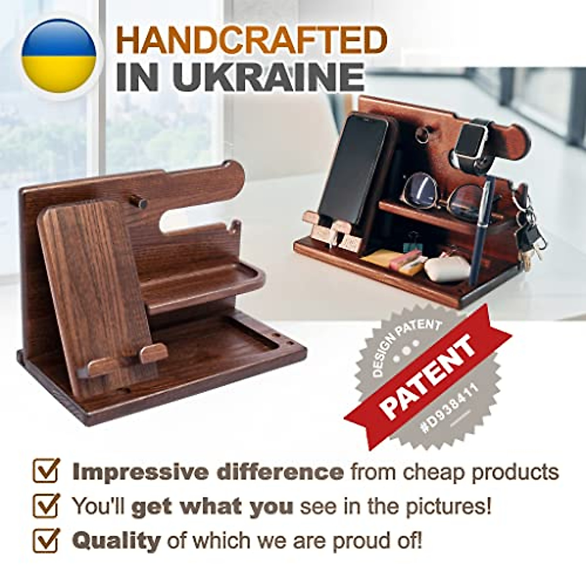 TESLYAR Wood Phone Docking Station Ash Key Holder Stand Watch Organizer Men Gift Husband Wife Anniversary Dad Birthday Nightstand Purse Father Graduation Male Travel Idea Gadgets (Brown)