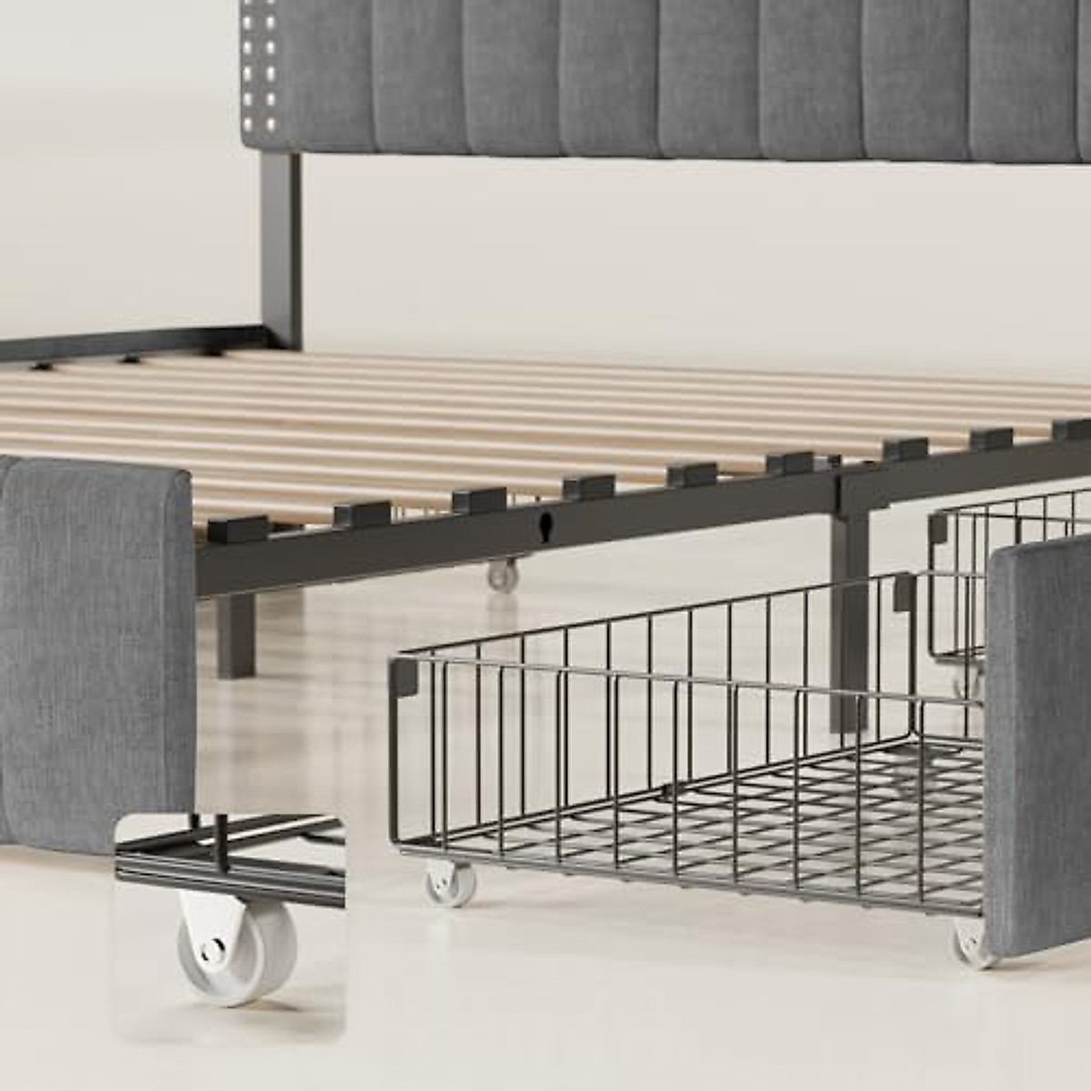 Gizoon Queen Bed Frames with 4 Storage Drawers on Wheels and Headboard Adjustable, Fits 6" to 12" Mattress, No Box Spring Needed (Light Grey)