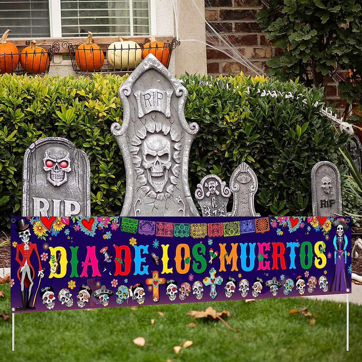Dia De Los Muertos Decorations Day of the Dead Banner Yard Sign Backdrop Banner with Floral Sugar Skull for Indoor Outdoor Mexican Themed Party Halloween Decorations Supplies