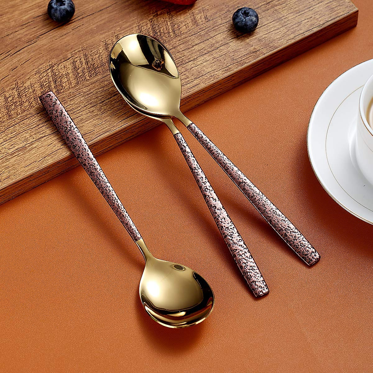 Berglander Dinner Spoon Set Of 4 With Moon Surface Handle And Shiny Gold Head, Stainless Steel Spoons Silverware Set Dishwasher Safe