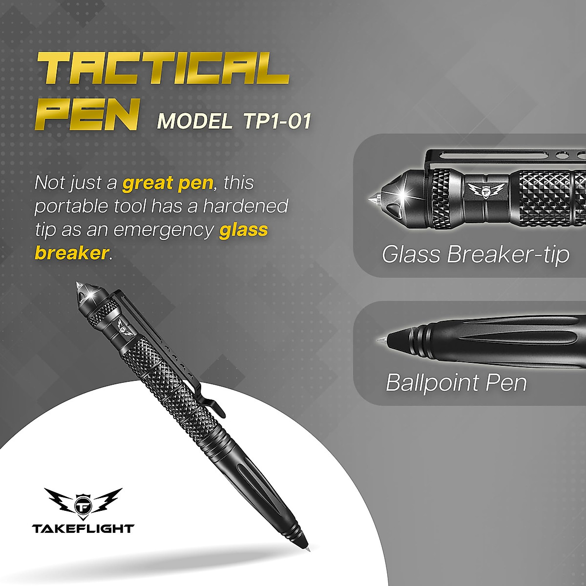 TF TAKEFLIGHT Tactical Pen Multitool, Diamond Thread Grip, Strong Rugged Aircraft Grade Aluminum EDC Survival Gear, Pocket Military Style Writing Glass Breaker for Men, Ideal Gift for Dad, Black…