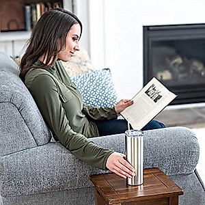 STRATA CUPS Skinny Tumblers with Lids and Straws (4 Pack) - 20 oz Double Wall Insulated Slim Stainless Steel Silver Tumblers with Straw Cleaner | Reusable Travel Mug for Hot and Cold Beverages