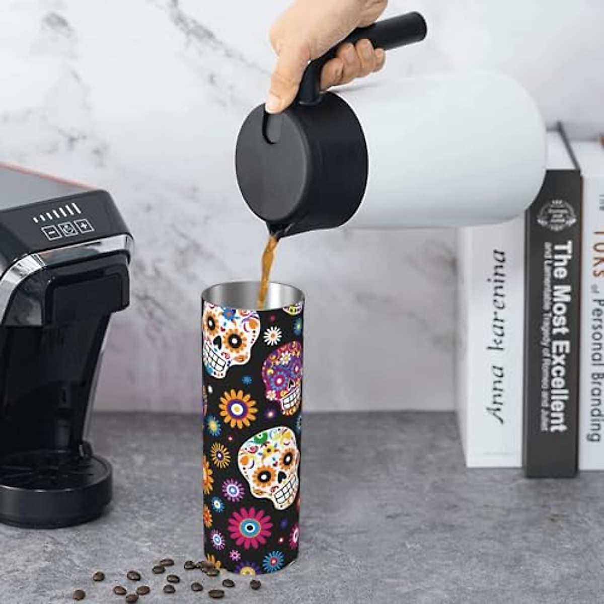 Tangopi Skull Head Floral 20 oz Tumbler with Lid and Straw Insulated Travel Coffee Mug Reusable Spill Proof Coffee Cups Stainless Steel Water Bottle for Hot and Cold Drinks