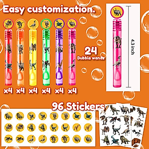 24PCS Dinosaur 3D DIY Bubble Wands Party Favors 96PCS Stickers for Goodie Bag Fillers Pinata Stuffers, Mini Bubble Bulk Birthday Party Supplies Toys Gifts Class Prizes for Toddlers Boys Girls