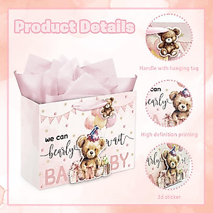 16" Large Baby Girl Gift Bag, 3D Making Pink Bear Baby Gift Bag with Handle, Tissue Paper and Greeting Card