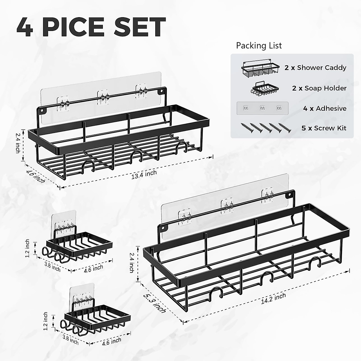 YAWSOUP Adhesive Shower Caddy,4-Pack Shower Shelf,Shower Organizer Can be Wall-Mounted Without Holes,For Shower Organizer&Bathroom Storage.