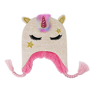 Kids Girls Cute Glitter Unicorn Beanie Winter Hat and Glove Set Knitted Earflap Cap Flip Top Mitten Set Beige