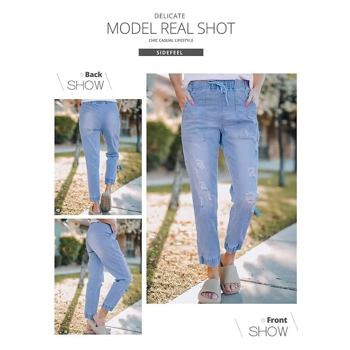 Sidefeel Women's Jeans Cargo Pants Ripped Denim Joggers Elastic Drawstring Waist Trouser Sky Blue Size 6