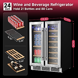 Icyglee 24" Wine and Beverage Refrigerator, Dual Zone Wine Cooler with Glass Door, Hold 88 Cans and 21 Bottles, Built in or Freestanding Under Counter Wine Fridge with Blue LED Light.
