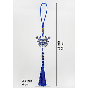 LUCKBOOSTIUM Center Evil Eye Butterfly Charms Pendant in Blue Crystal Stone w/Tassels for Good Luck & Protection Car Rear View Mirror Hanging Ornament Accessories Home Decor Charm