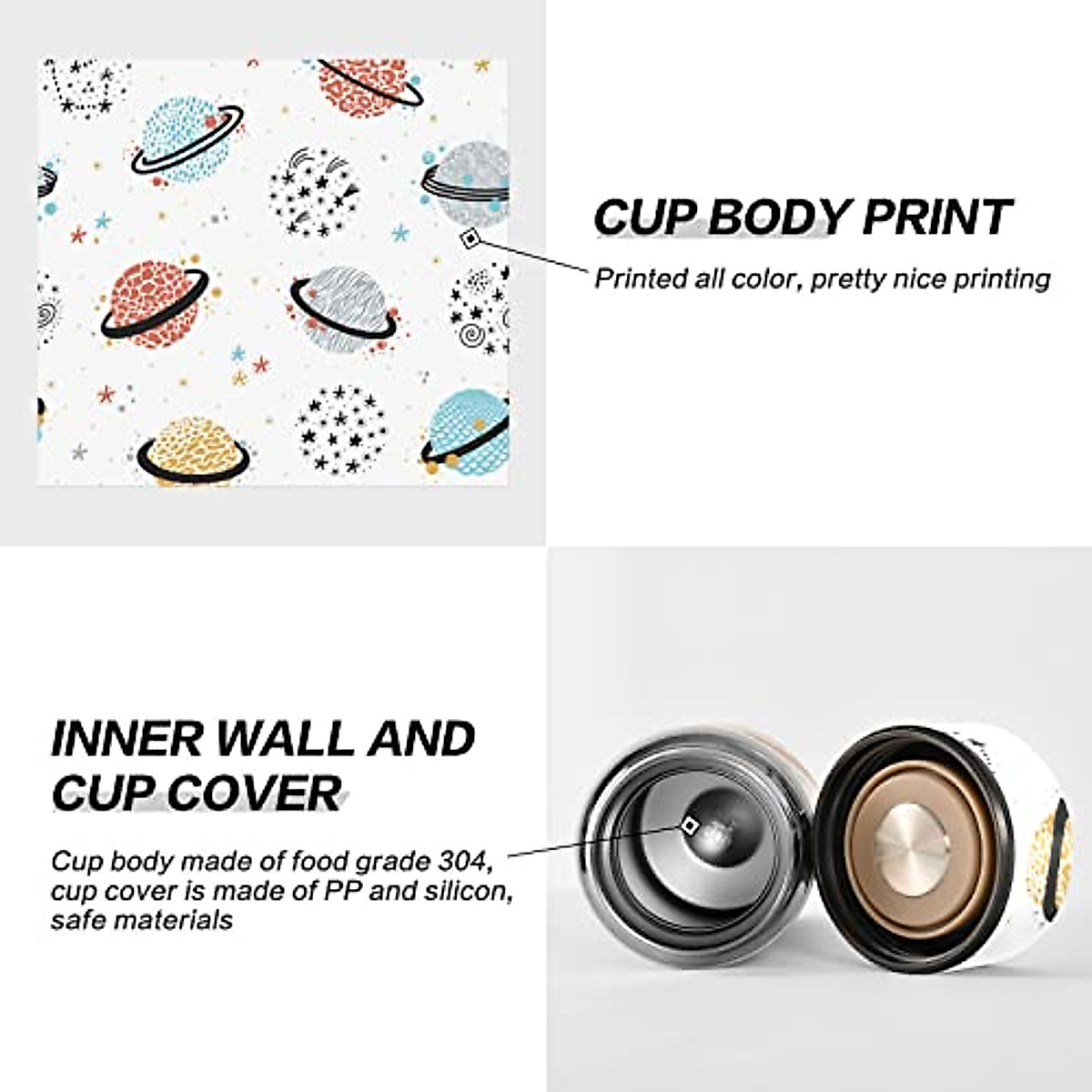 CaTaKu Cartoon Space Planet Star Water Bottle Insulated 16 oz Stainless Steel Flask Thermos Bottle for Coffee Water Drink Reusable Wide Mouth Vacuum Travel Mug Cup