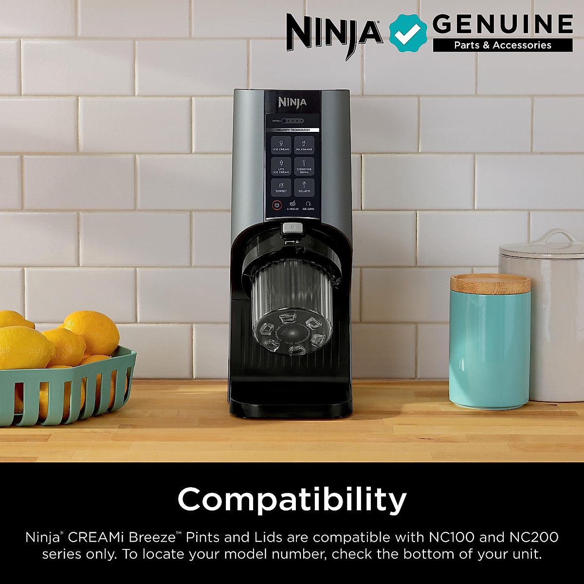 Ninja CREAMi Breeze Pints 2 Pack, Compatible with NC100 & NC200 Series CREAMi Ice Cream Makers, Genuine Ninja Pint, BPA-Free & Dishwasher Safe, Grey Lids, 1 Pint Each, Clear/Grey, XSKNC1PNT2