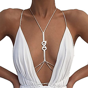 Woeoe Sparkly Rhinestone Bra Chain Silver Crystal Chest Chains Sexy Nightclub Beach Party Rave Body Chain for Women