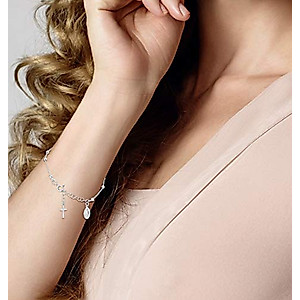 Miabella 925 Sterling Silver Italian Rosary Cross Bead Charm Link Chain Bracelet for Women Teen Girls, Adjustable, Made in Italy (Length 6 to 7 Inch)