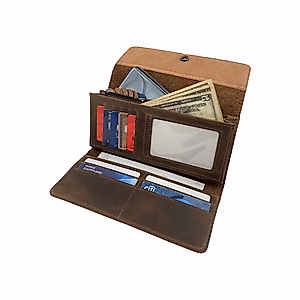 Heather's, Minimalist Tri Fold Folio Wallet for Women, Card Saver, Stylish Organizer with Button Closure and Zipper Coin Pocket, Full Grain Leather, Handmade, Bourbon Brown