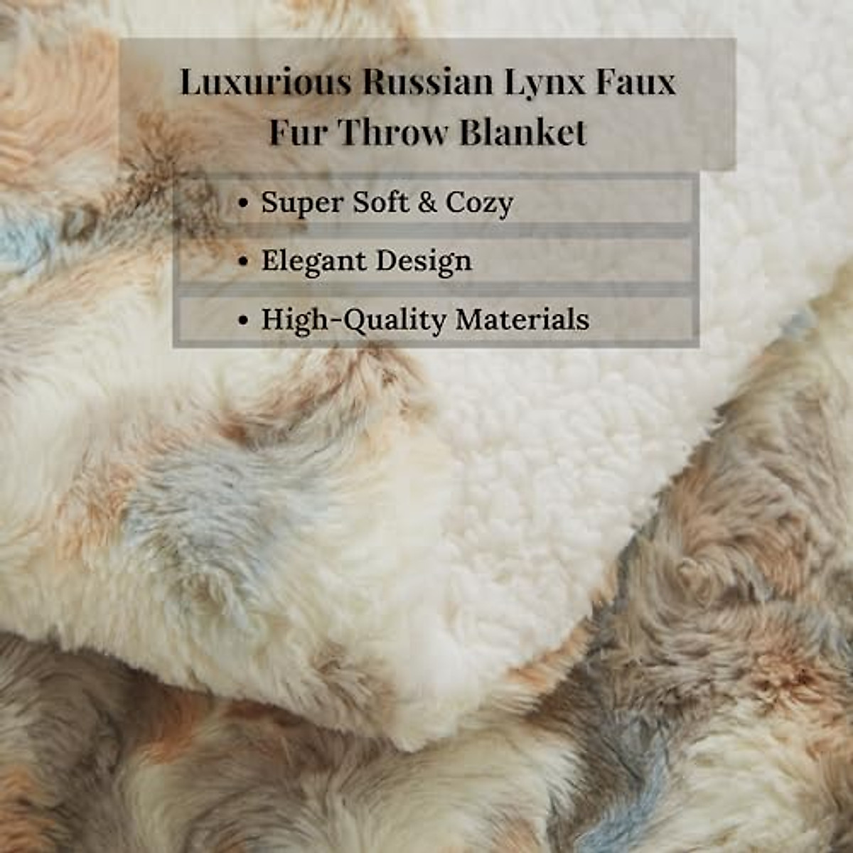 Tache 90x90 Oversized Soft Warm Tan Brown Blue Russian Lynx Faux Fur White Sherpa Bed Blanket, Full, Queen Size