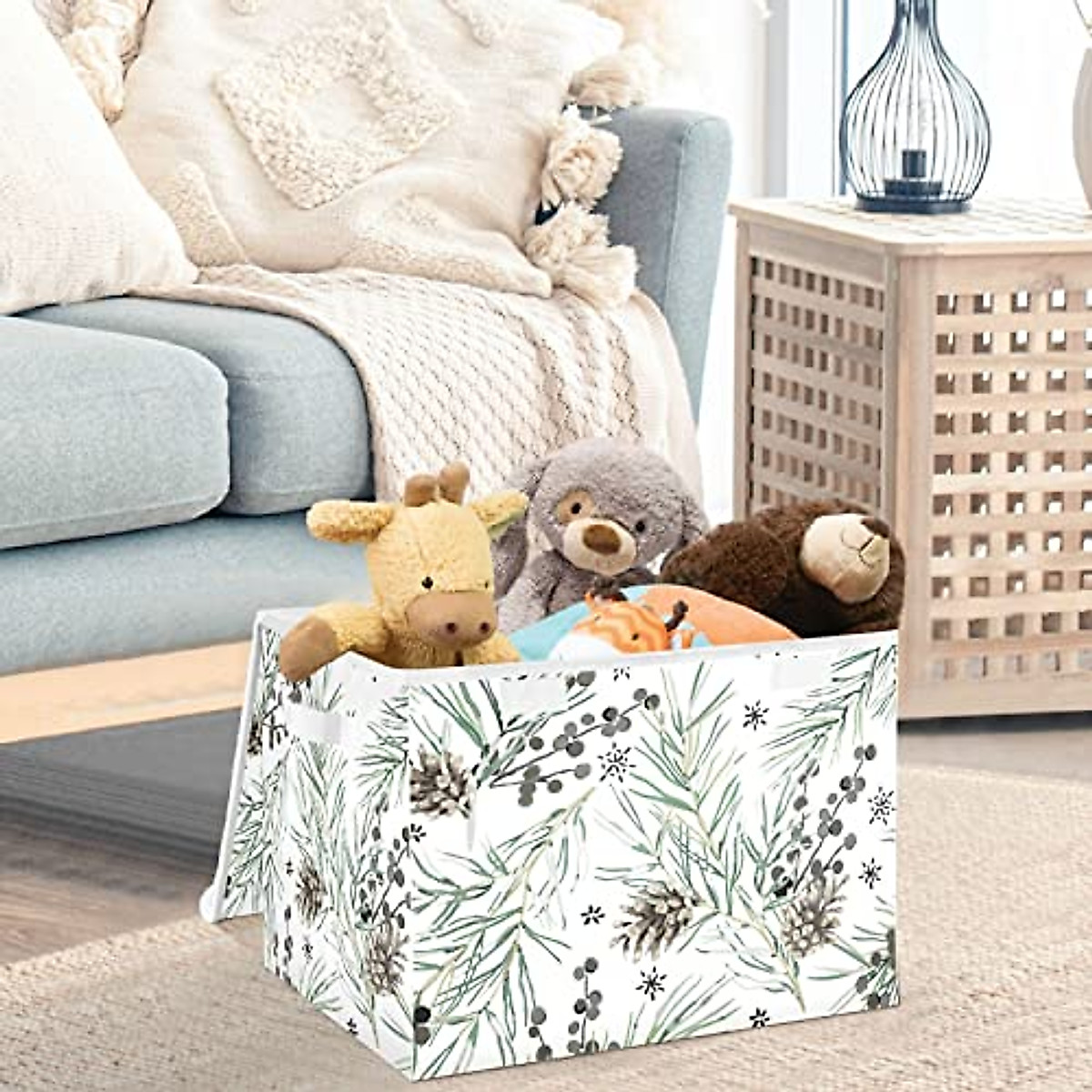 CaTaKu Christmas Pine Berries Storage Bins with Lids and Handles, Fabric Large Storage Container Cube Basket with Lid Decorative Storage Boxes for Organizing Clothes