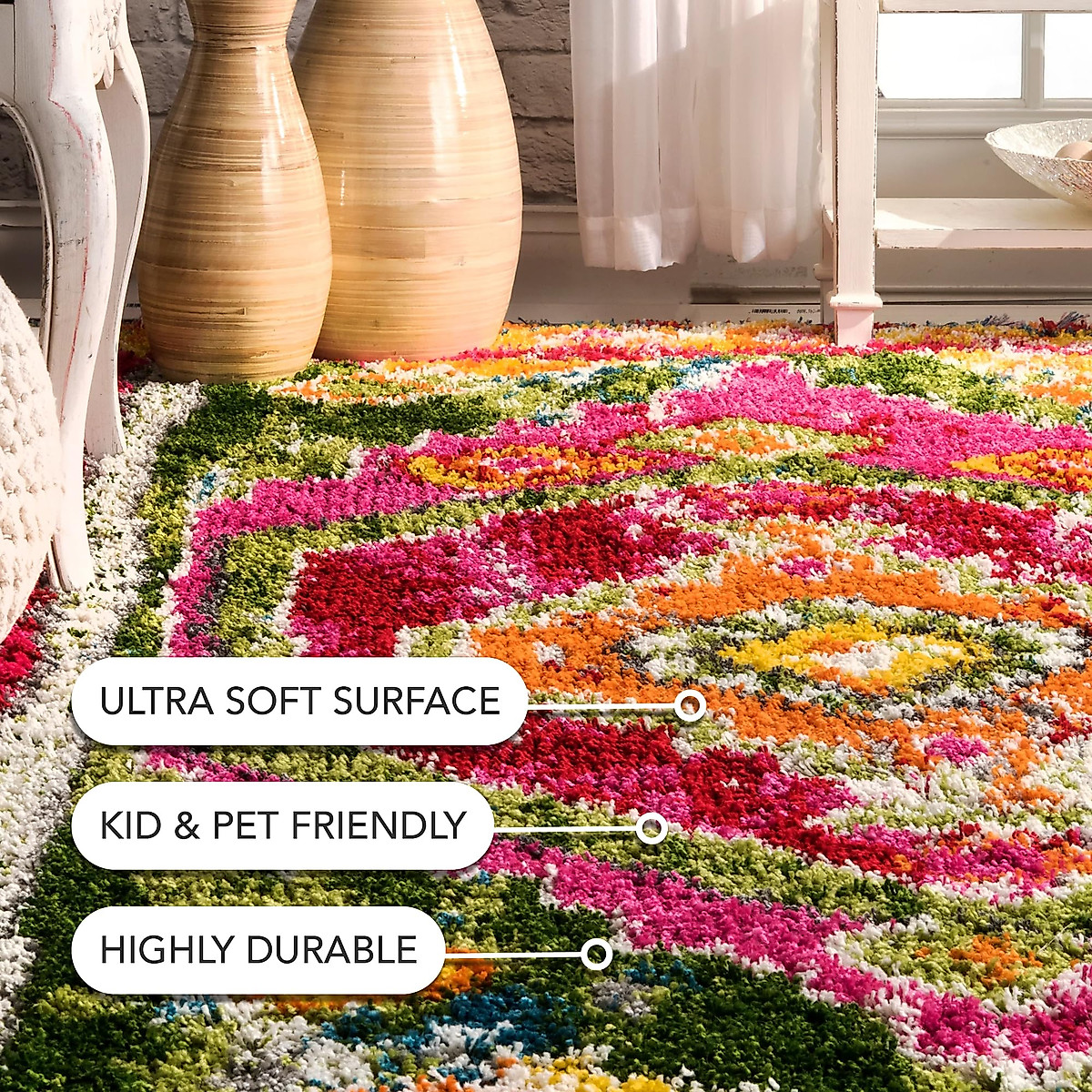 nuLOOM Shania Moroccan 2x8 Runner Shag Rug for Living Room Bedroom Dining Room Nursery Entryway Hallway, Multicolor/Ivory