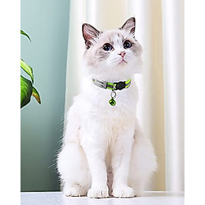 TagME 2 Pack Personalized Reflective Cat Collars Breakaway with Bell, 7-12 Inch Adjustable Pet Collars for Boy & Girl Cats, Green