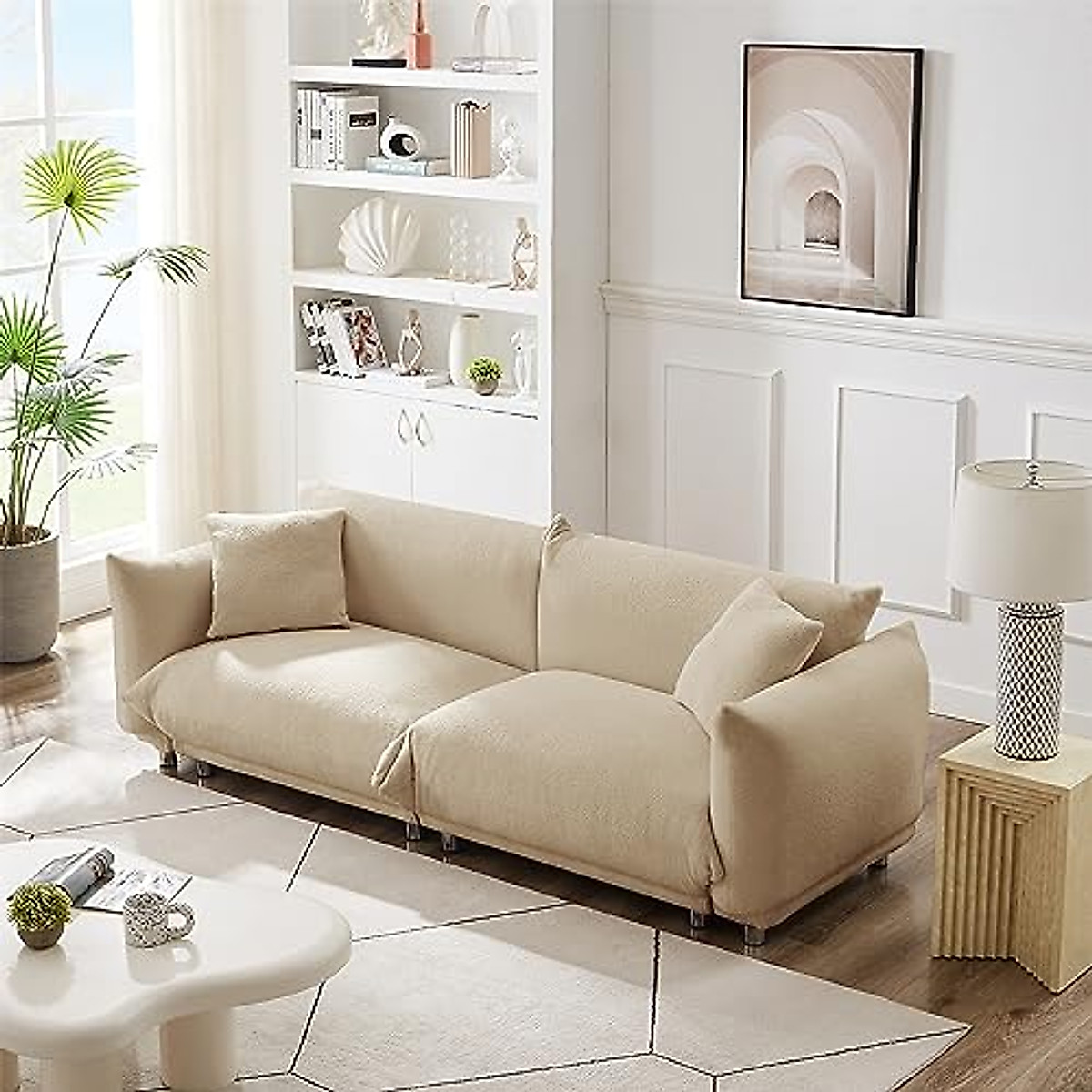 YM sky Modern Boucle Sofa for Living Room: 87 Inch Upholstered Teddy Velvet Couch with 2 Pillow- Comfy Modular Sofa with Metal Legs for Apartment Bedroom Office (Camel)