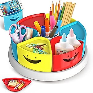 Tomkids Art Supply Storage Organizer 360 Rotating Desk Organizer Classroom Organization HomeSchool Supplies, Crayon, Marker Organizer, Birthday Gifts for Kids