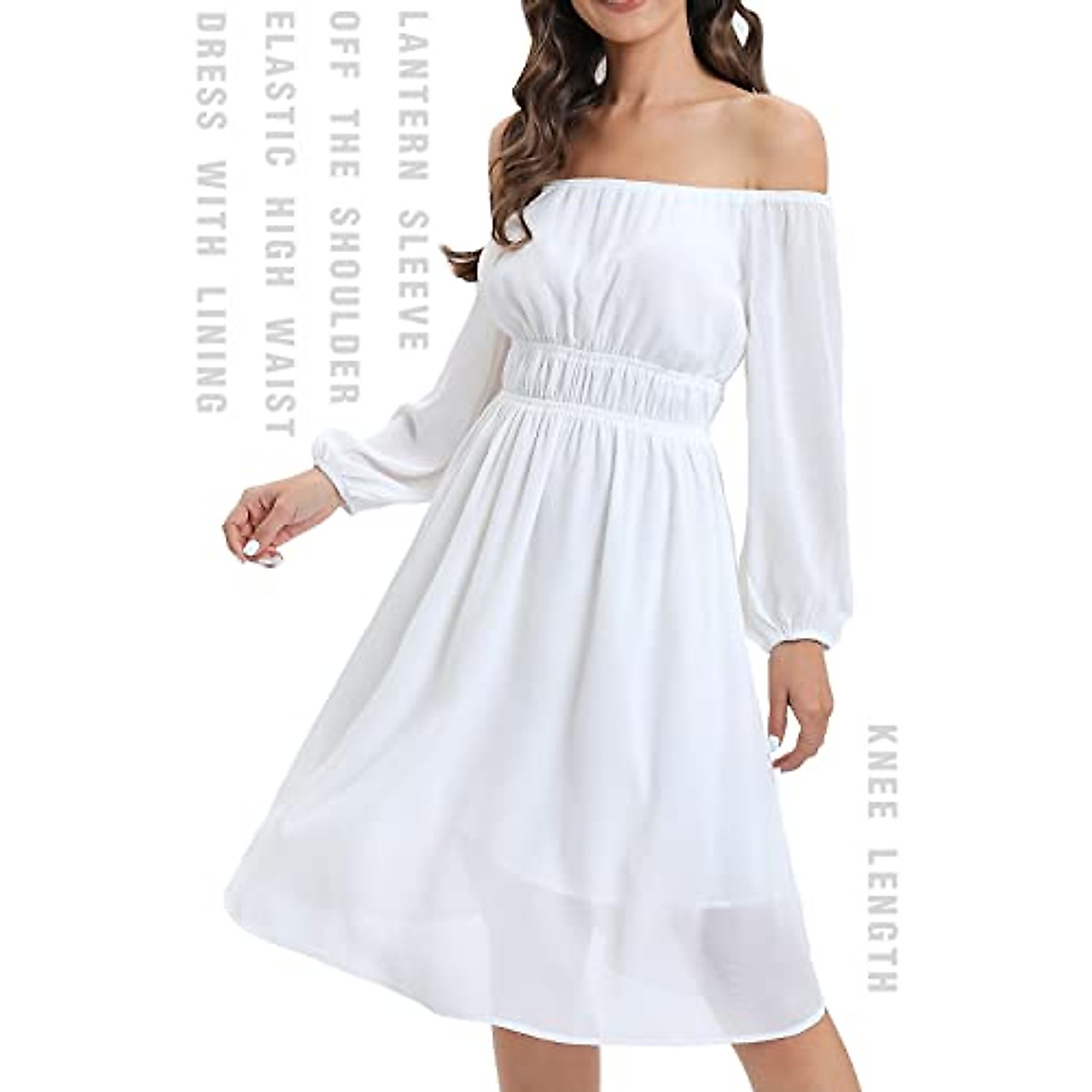 Sureple White Wedding Guest Dresses for Women Off The Shoulder Long Sleeve High Waist Swing Chiffon A Line Dress for Beach(SP161-White-XL)
