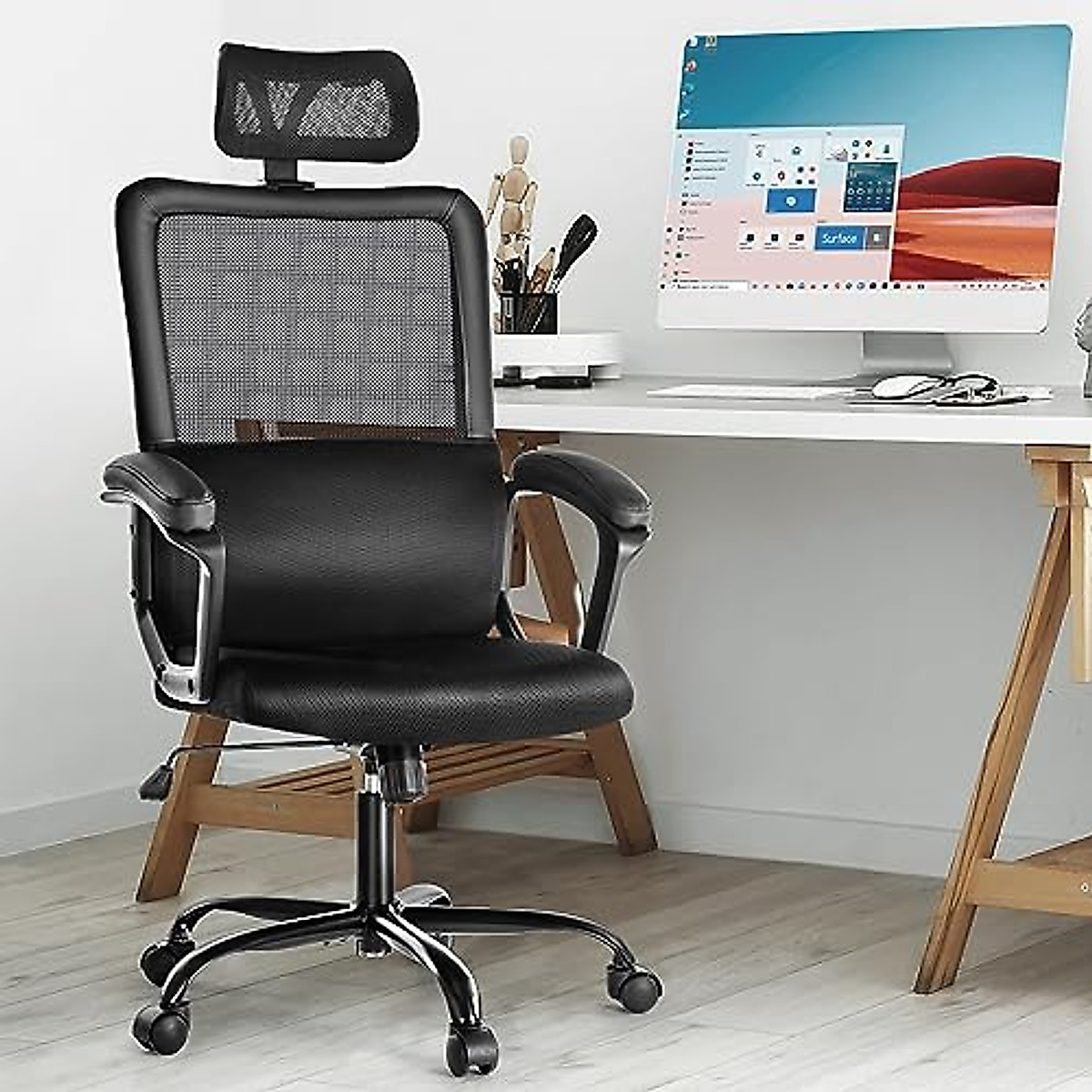 JHK Home Office Desk Chair, Ergonomic Office Chair with Adjustable Headrest and Soft PU Armrest, Swivel Rolling Chair Mesh Reclining Computer Chair with Lumbar Support and Tilt Function, Black