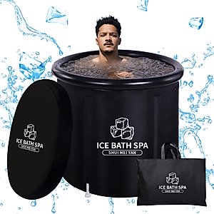 SHUIMEIYAN Large Ice Bath Tub Outdoor with Cover Portable Bathtub Athletes Cold Water Therapy Tub for Recovery Cold Plunge Tub Ice Barrel Ice Bath Tub (8217 black with cover-29.5"Φ x 29.5"H)