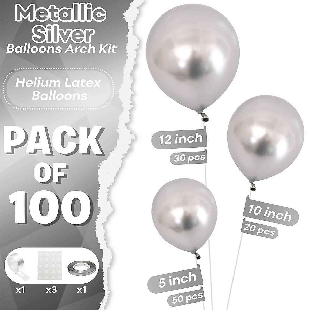Metallic Silver Balloons Arch Kit, 100 Packs Different Sizes 12 10 5 Inches Silver Balloon Garland Arch Kit, Chrome Silver Balloons for Birthday, Graduation, Wedding, Anniversary Decoration