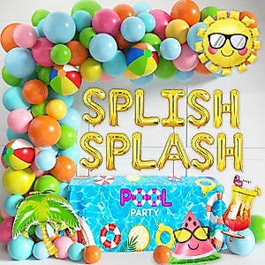 Tropical Hawaiian Luau Splish Splash Balloon Garland Arch Kit 160Pcs, Summer Pool Beach Party Decoration with Beach Ball Foil Balloon for Kids Aloha Pool Birthday Party Supplies (Summer-01)