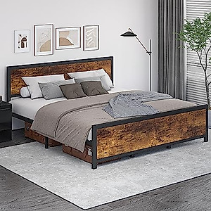 DOGIBIXO Queen Size Bed Frame with Wooden Headboard & Footboard, Rustic Platform Metal Bed Frame with LED Lights, No Box Spring Needed, Metal Slats Support, Easy Assembly, Brown