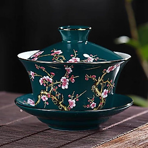 YBK Tech 10oz Large Gaiwan, Porcelain Kung Fu Tea Cup and Saucer with Lid, Chinese Traditional Gaiwan, Sancai Tea Bowl - Embossed Plum Patterns (Green)